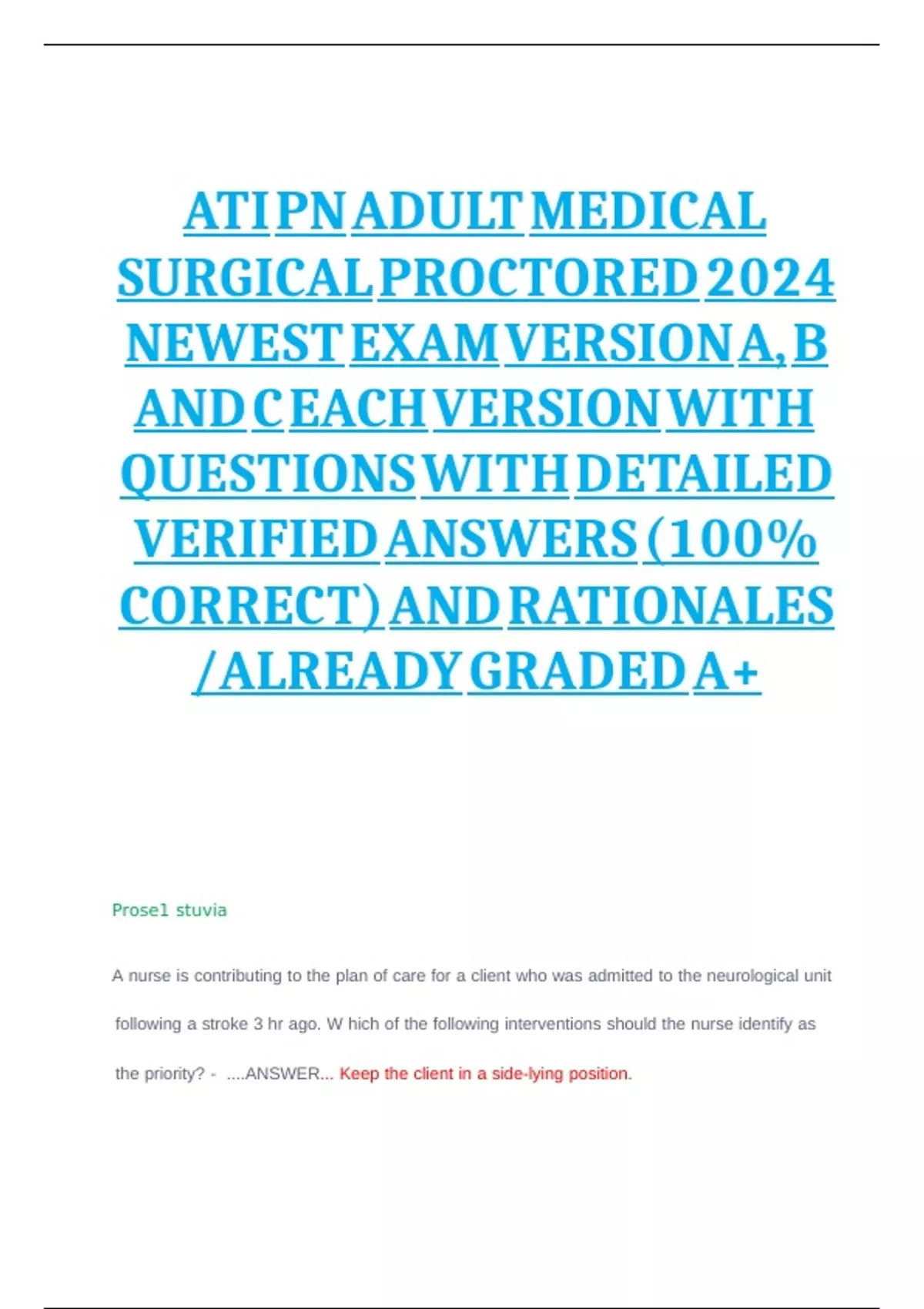 ATI PN ADULT MEDICAL SURGICAL PROCTORED 2024 NEWEST EXAM VERSION A, B ...