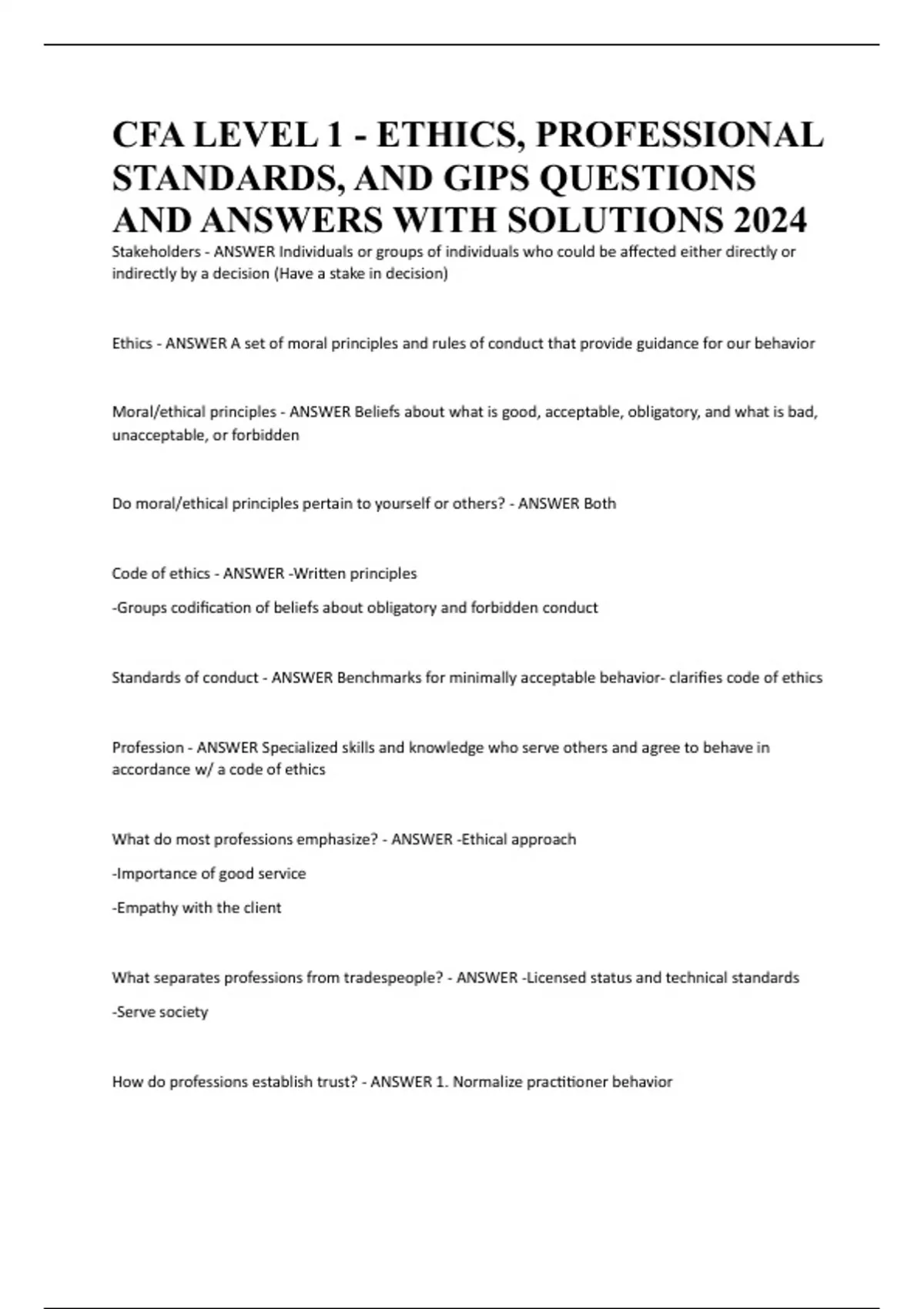 CFA LEVEL 1 - ETHICS, PROFESSIONAL STANDARDS, AND GIPS QUESTIONS AND ...