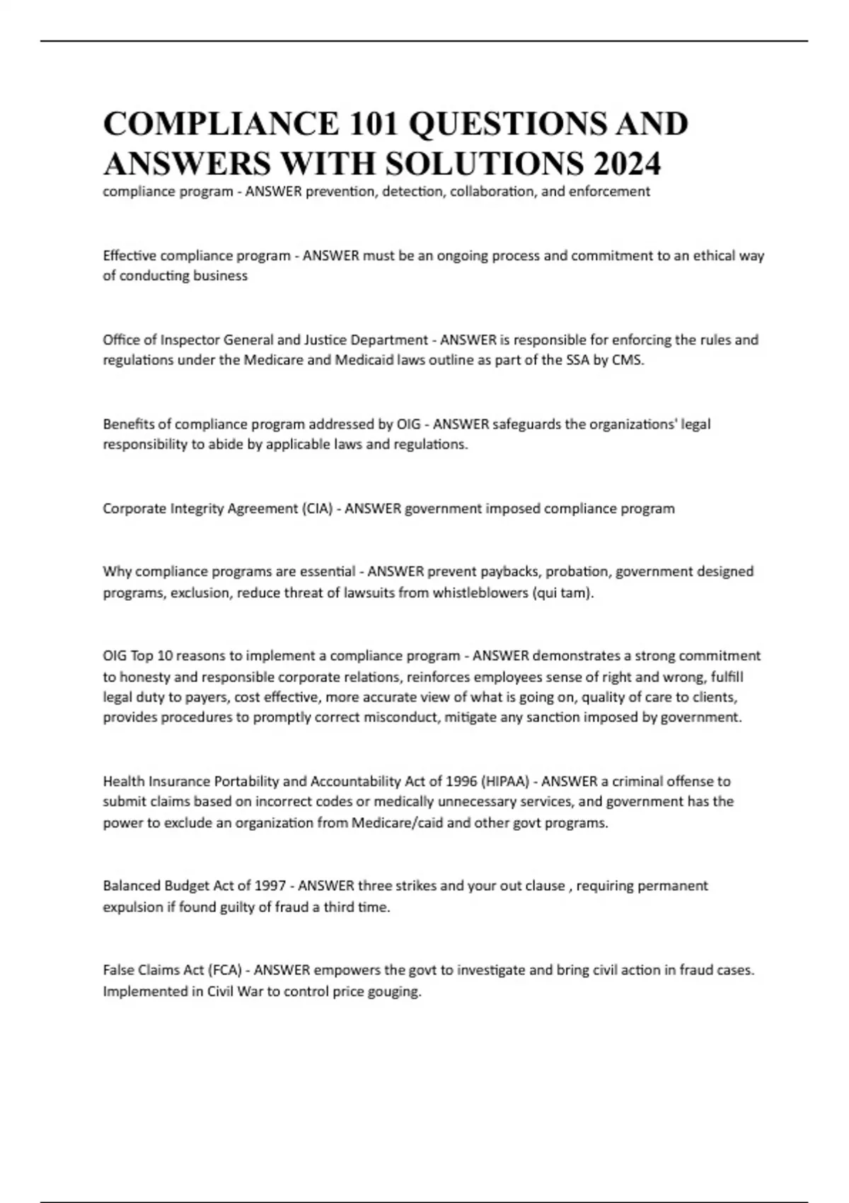COMPLIANCE 101 QUESTIONS AND ANSWERS WITH SOLUTIONS 2024 - Ccep - Stuvia US