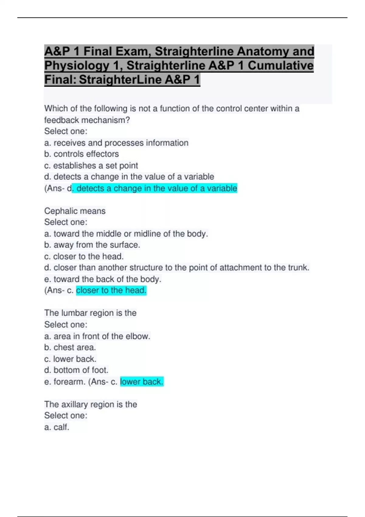 A&P 1 Final Exam: Straighterline Anatomy and Physiology 1 ...