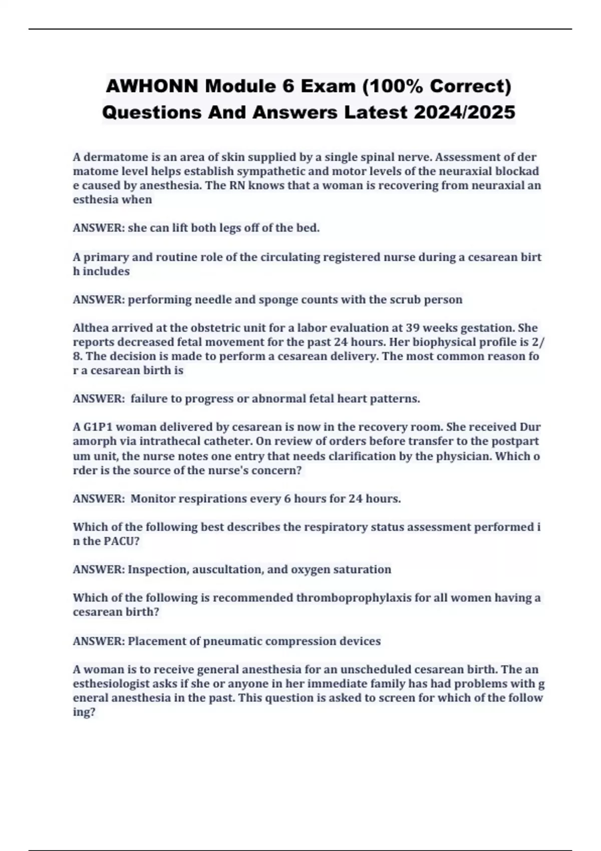 AWHONN Module 6 Exam (100% Correct) Questions And Answers Latest 2024/ ...