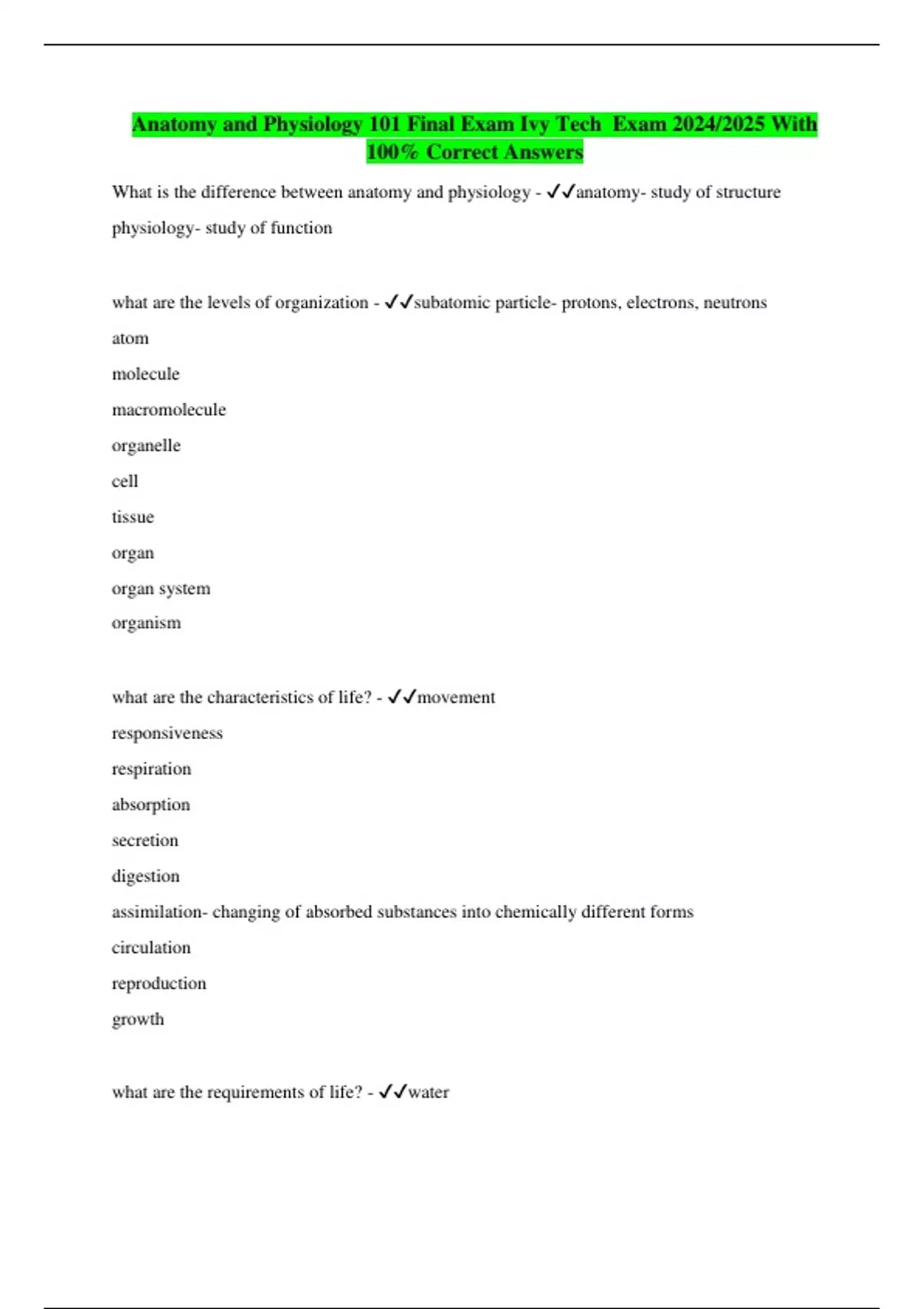 Anatomy And Physiology 101 Final Exam Ivy Tech Exam 2024 2025 With 100