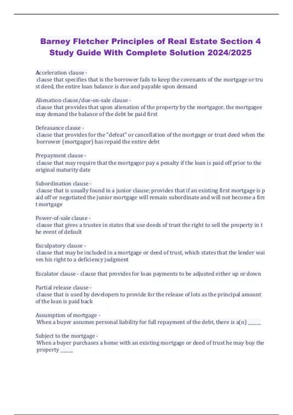 Barney Fletcher Principles of Real Estate Section 4 Study Guide With ...