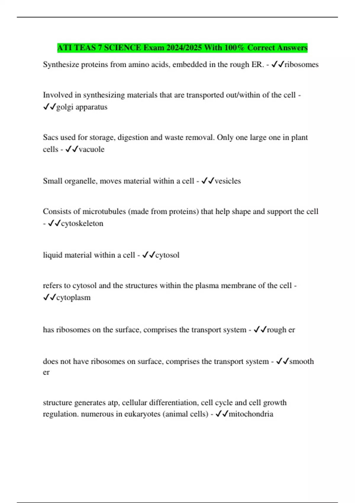Ati Teas 7 Science Practice Test Exam 20242025 With 100 Correct 5865