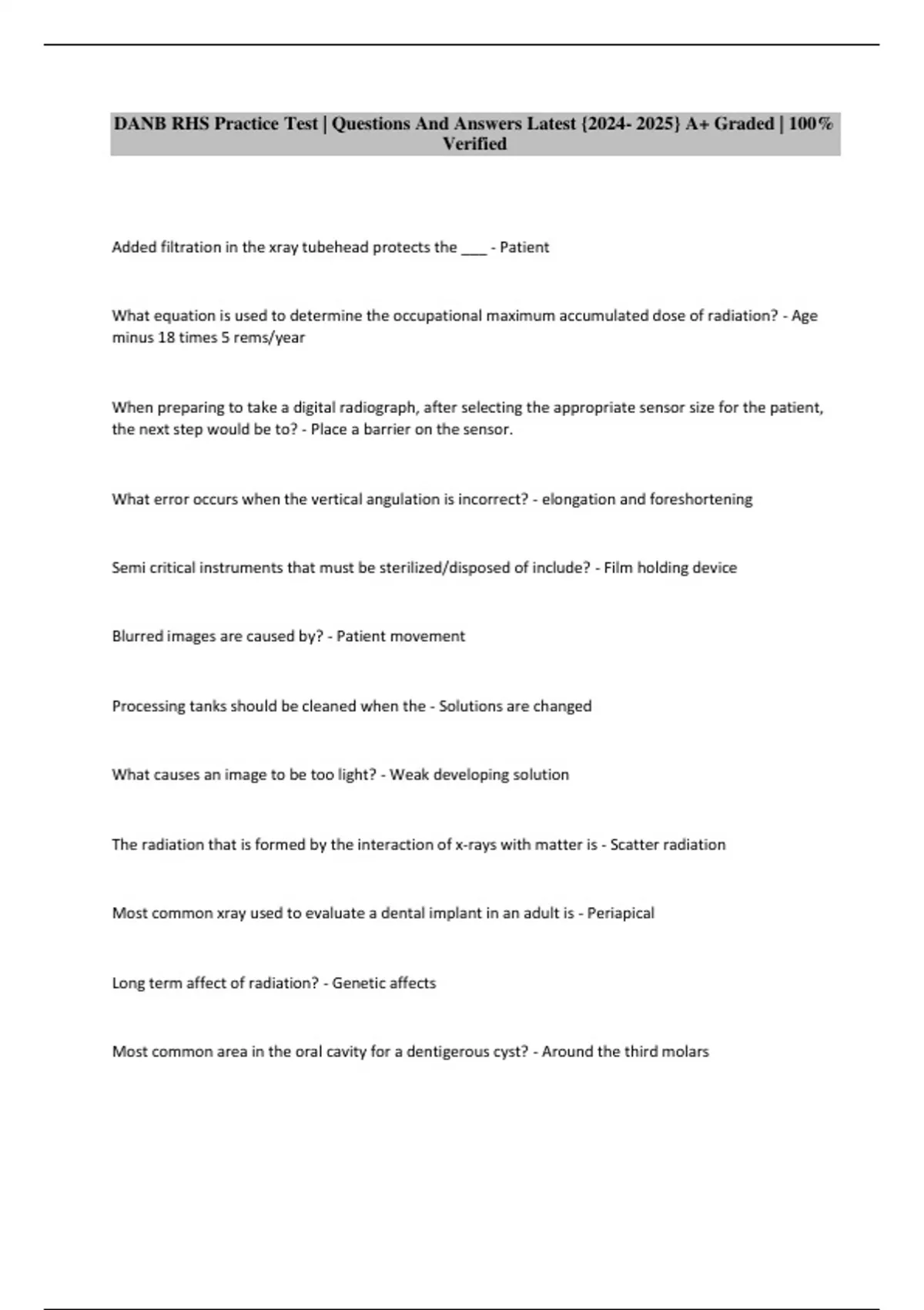 DANB RHS Practice Test | Questions And Answers Latest {} A+ Graded ...