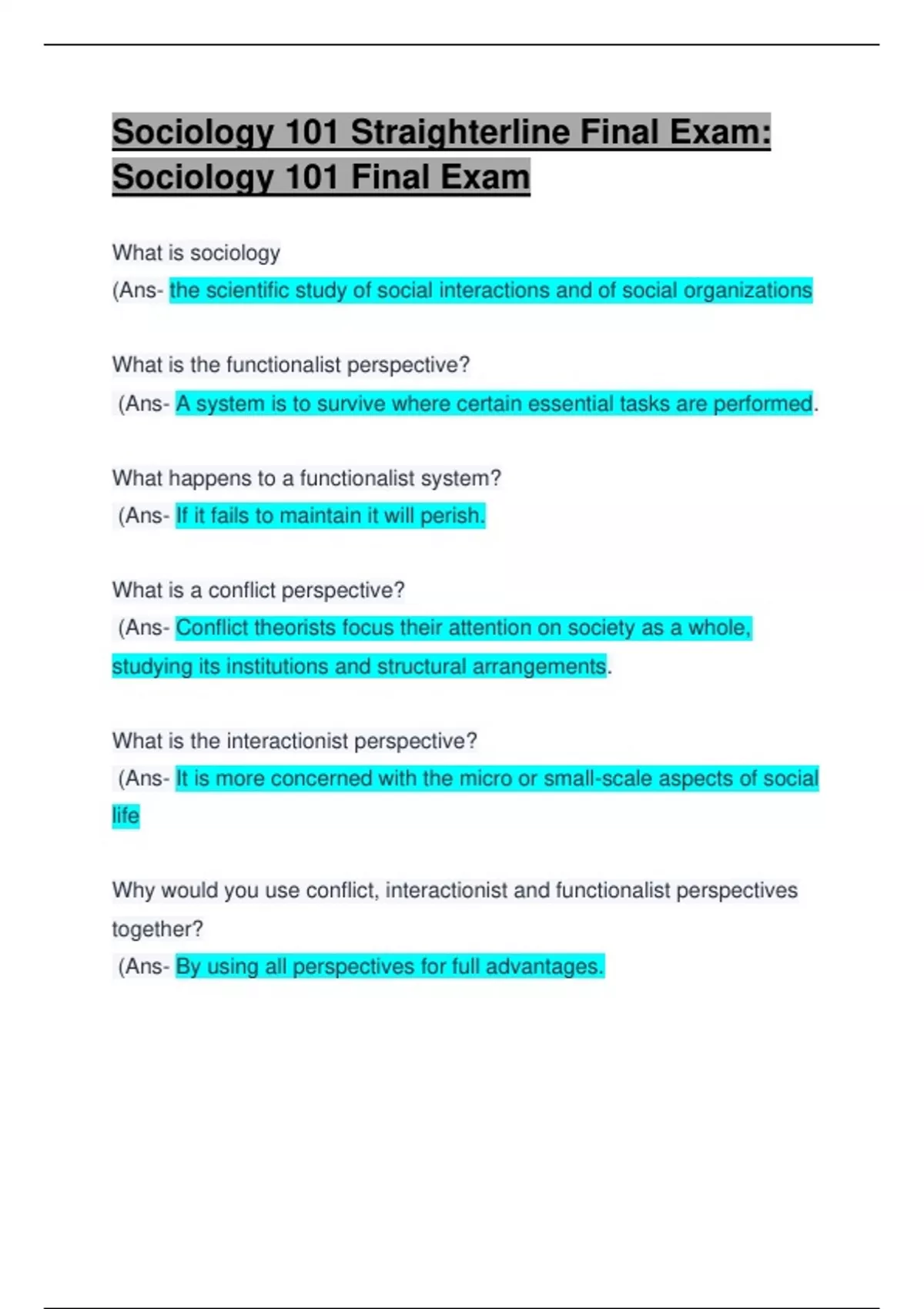 Sociology 101:Sociology 101 Straighterline Final Exam: Sociology 101 Final Exam: Updated ...