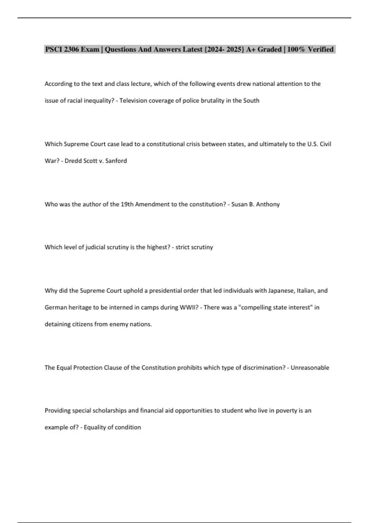 PSCI 2306 Exam | Questions And Answers Latest {} A+ Graded | 100% ...