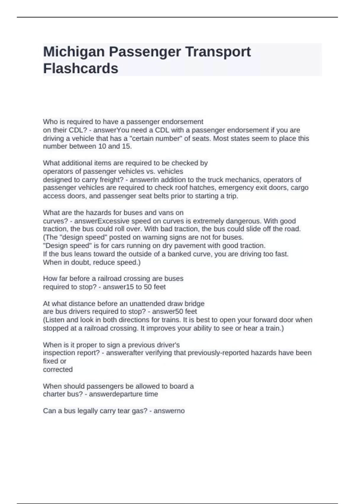 Michigan Passenger Transport Flashcards Questions and Answers ...