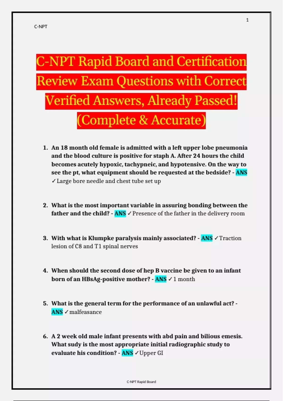 C-NPT Rapid Board and Certification Review Exam Questions with Correct ...