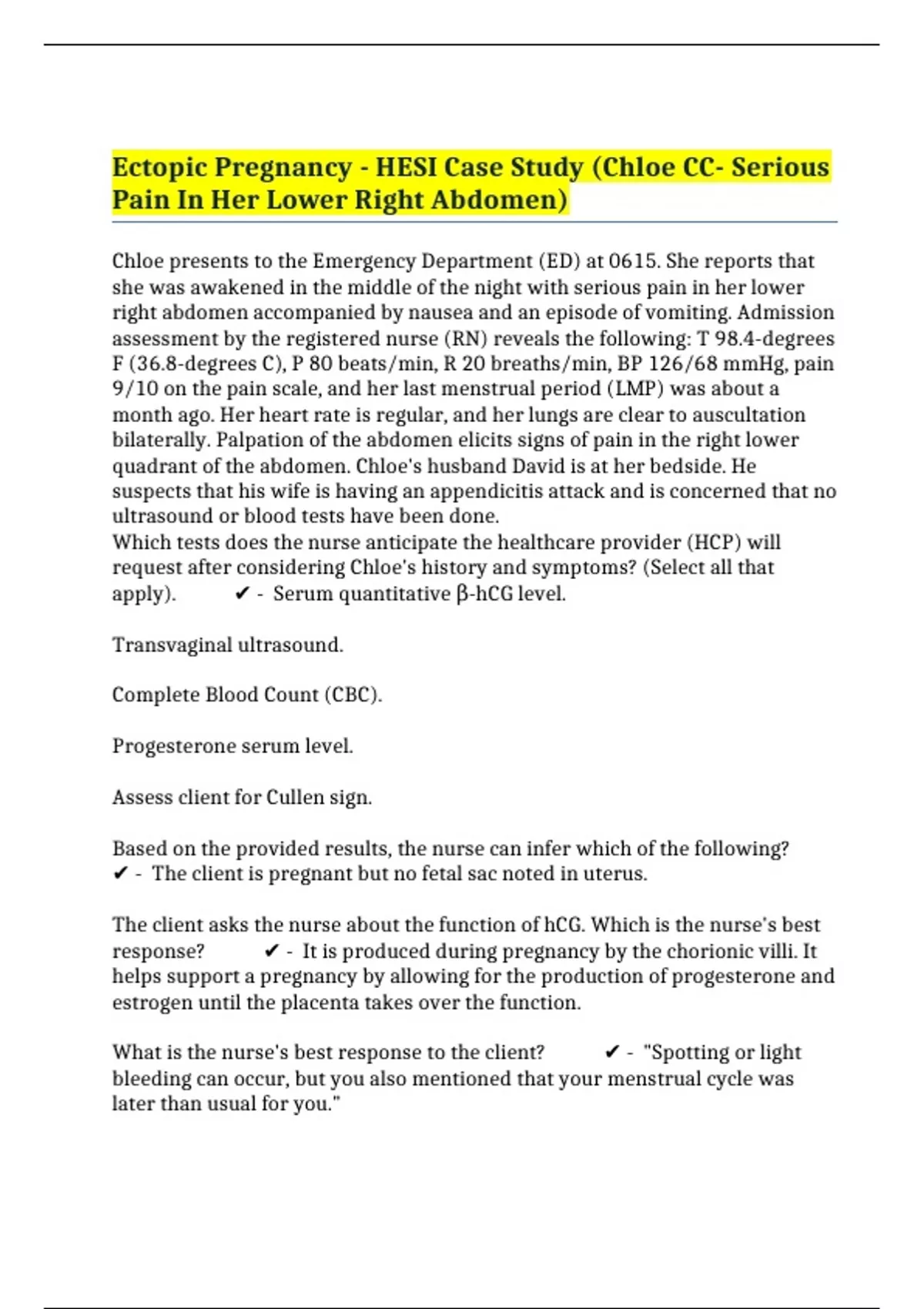 Ectopic Pregnancy - HESI Case Study (Chloe CC- Serious Pain In Her ...