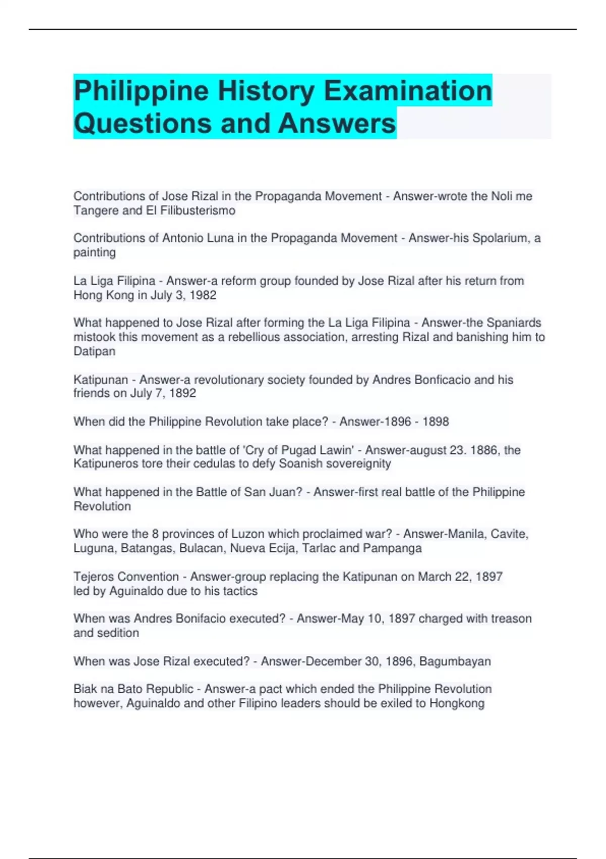 Philippine History Examination Questions and Answers - Philippine ...