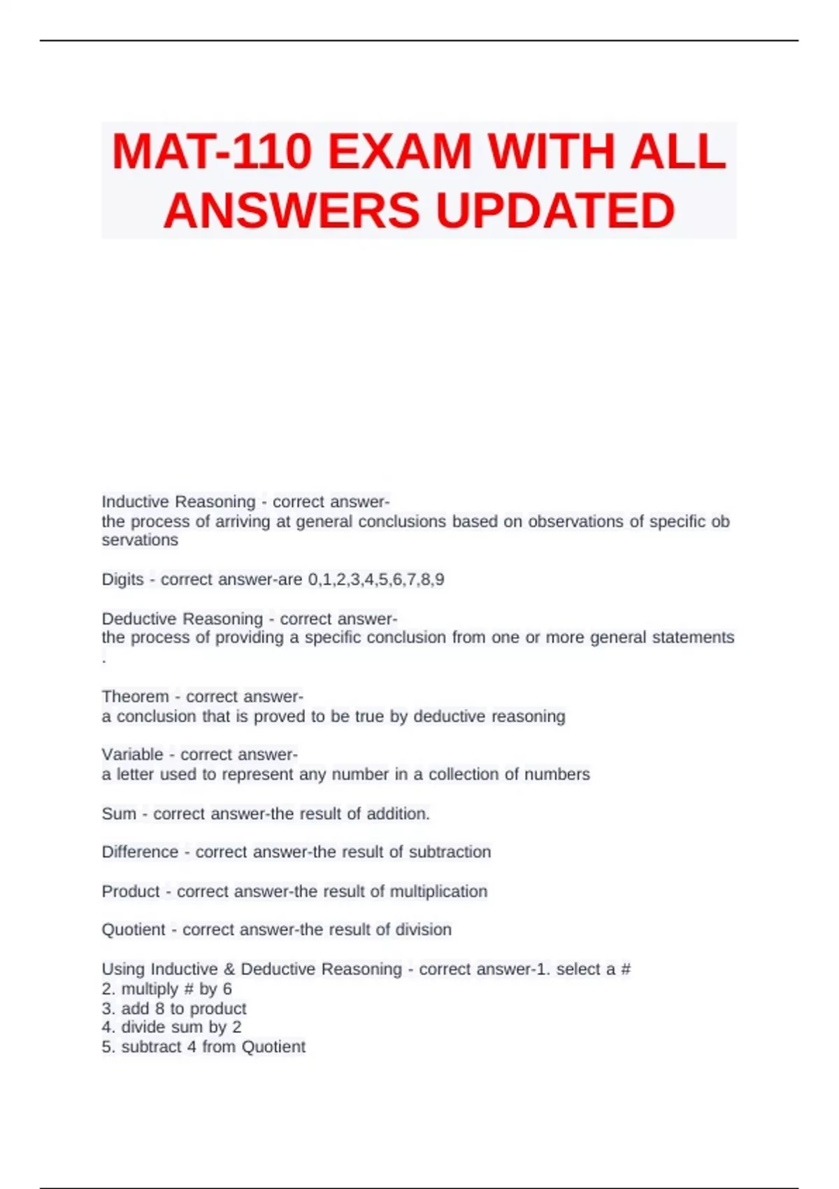 MATH 110 FINAL EXAM WITH COMPLETE SOLUTIONS - MATH 110 . - Stuvia NL