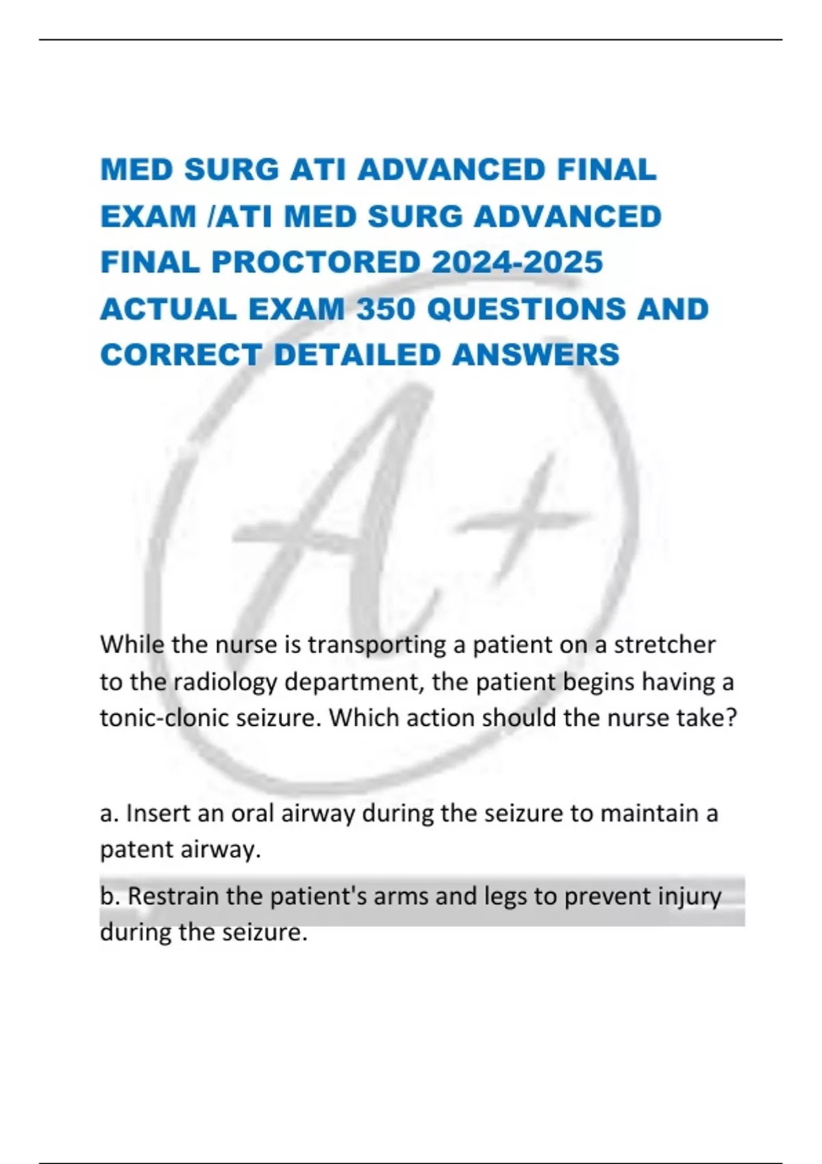 MED SURG ATI ADVANCED FINAL EXAM /ATI MED SURG ADVANCED FINAL PROCTORED ...