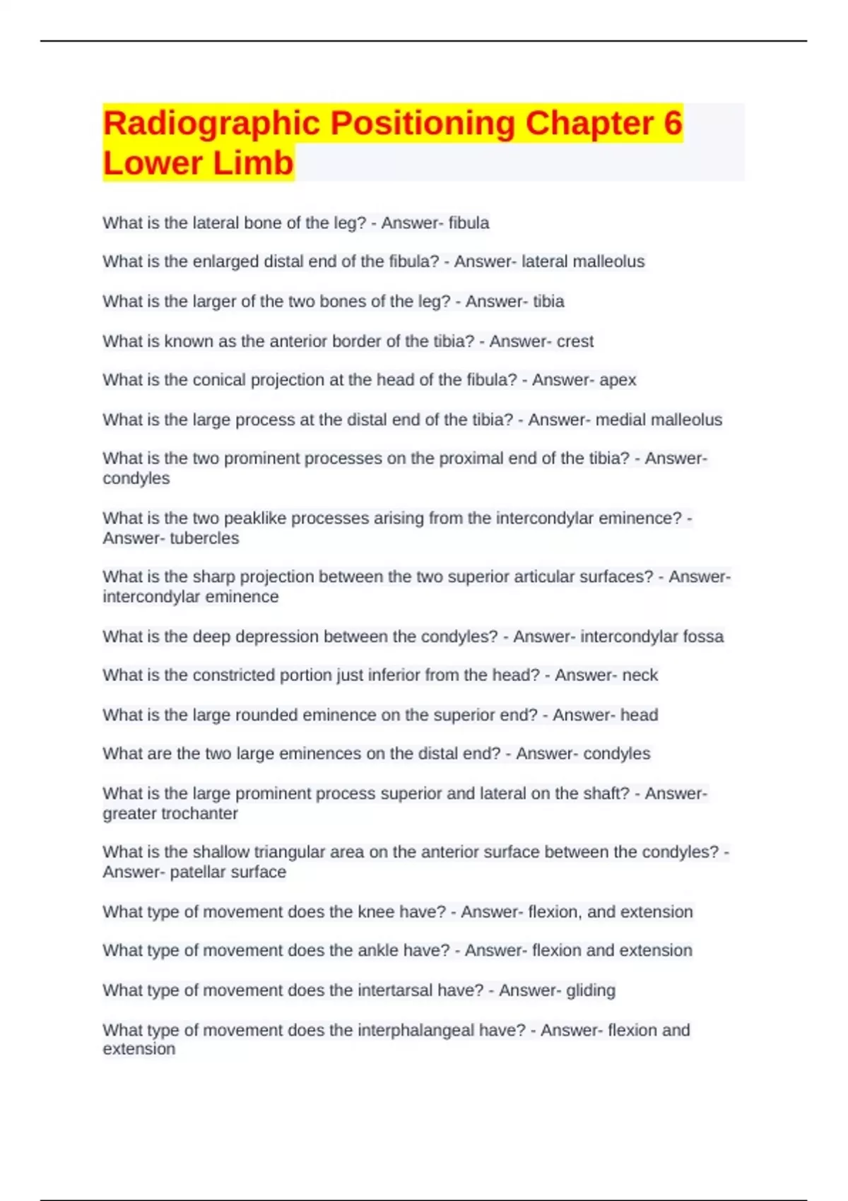 Radiographic Positioning Chapter 6 Lower Limb Questions and Answers ...