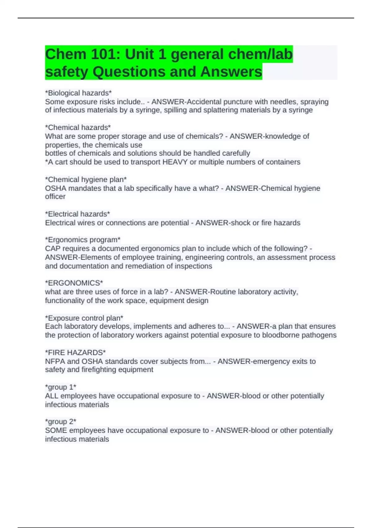 Chem 101 Unit 1 general chem lab safety Questions and Answers ...