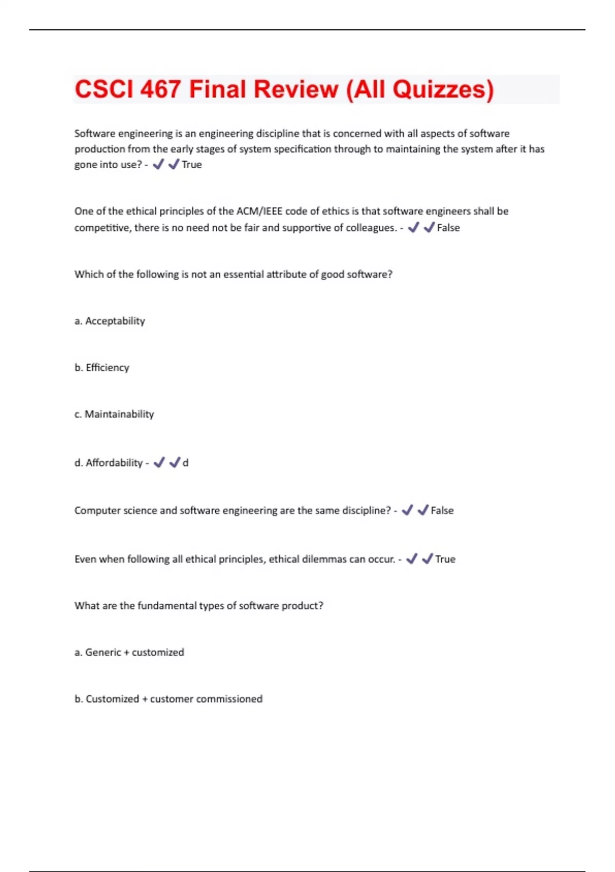 CSCI 467 Final Review (All Quizzes) Updated 2025 with complete solution - CSCI 467 - Stuvia US