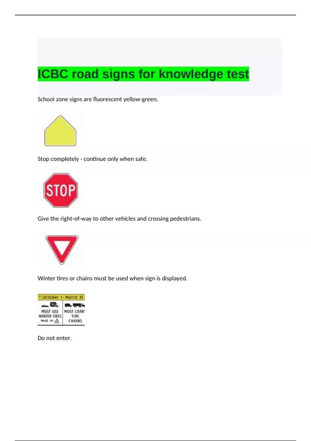 ICBC road signs for knowledge test - ICBC - Stuvia US