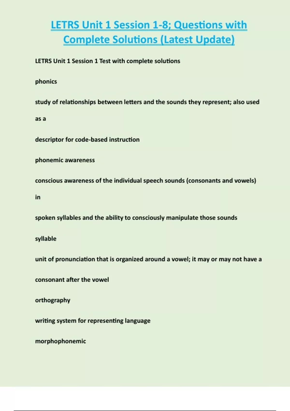 LETRS Unit 1 Session 1-8; Questions with Complete Solutions (Latest ...