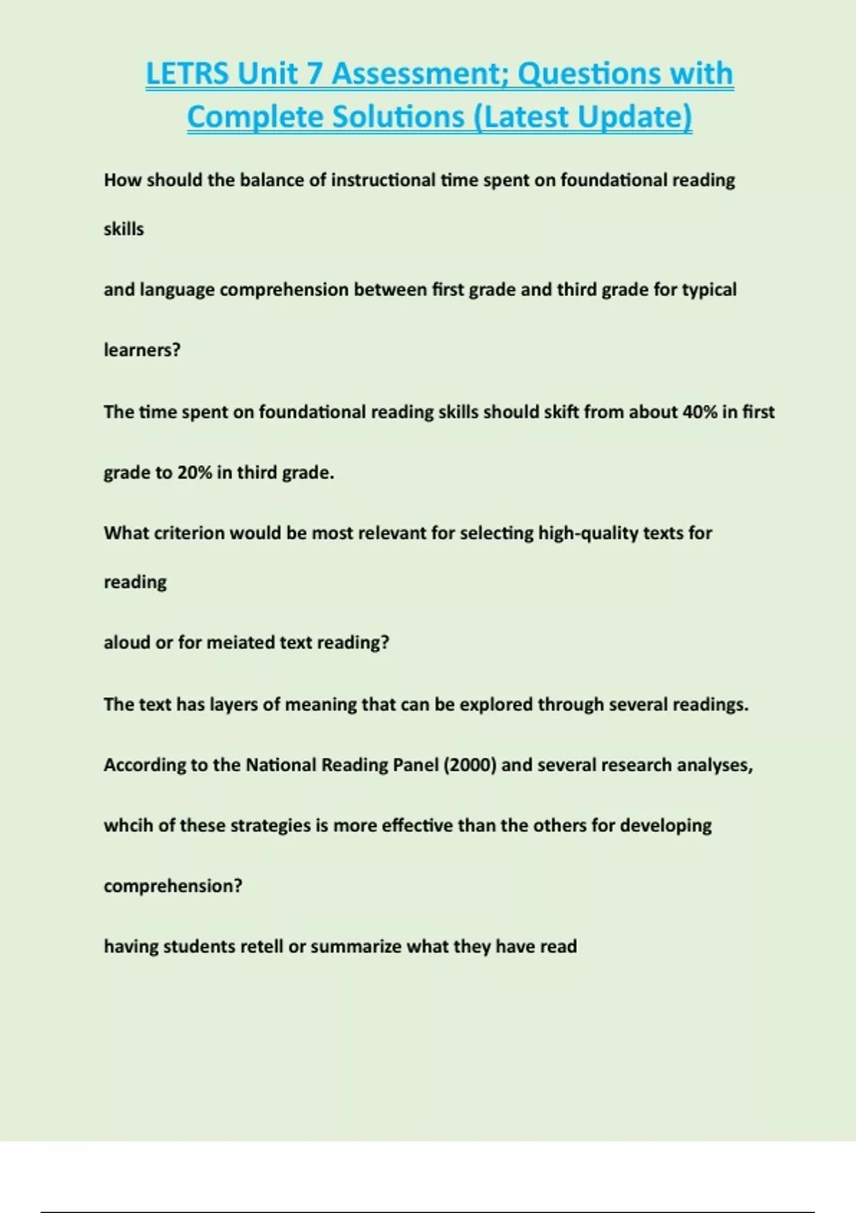 LETRS Unit 7 Assessment; Questions with Complete Solutions (Latest ...