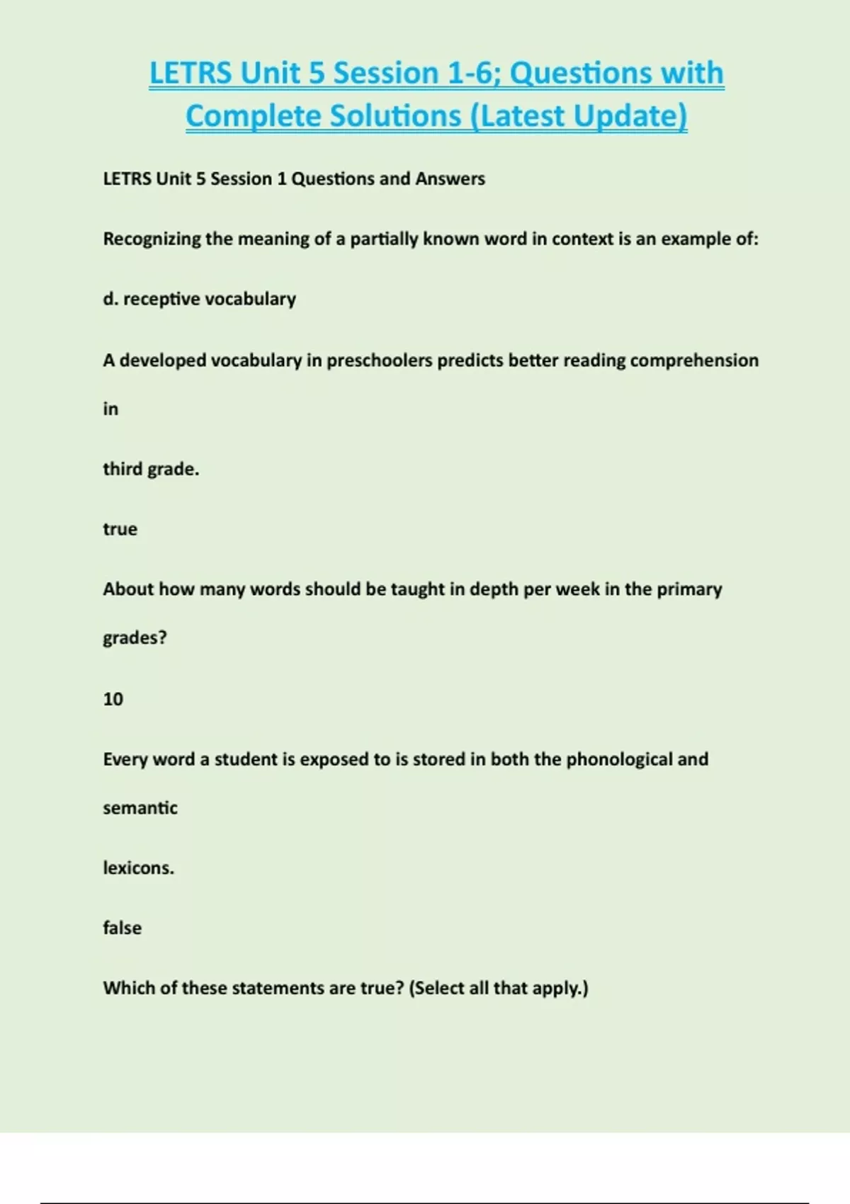 LETRS Unit 5 Session 1-6; Questions with Complete Solutions (Latest ...