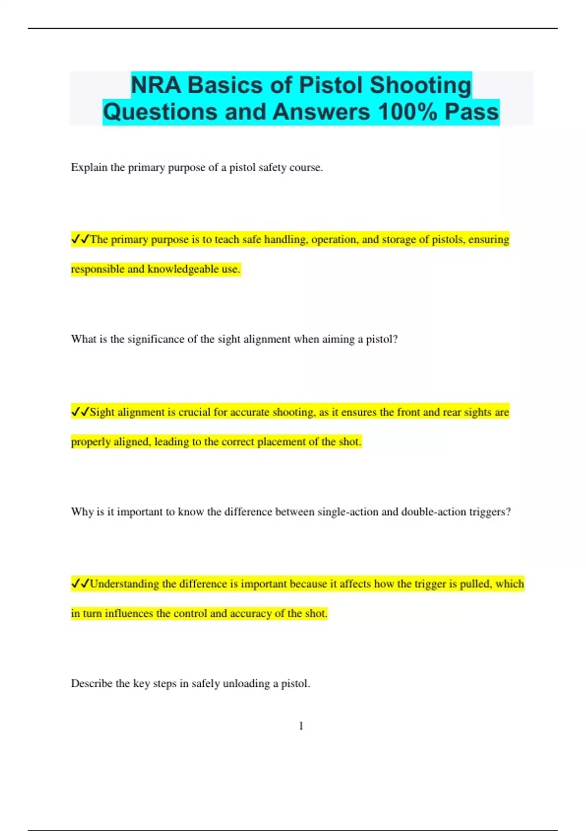 NRA Basics of Pistol Shooting Questions and Answers 100% Pass - NRA Basics of Pistol Shooting ...