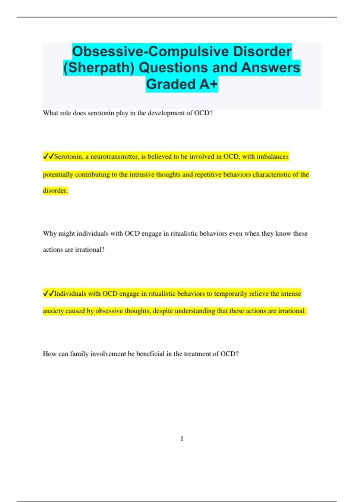 Obsessive-Compulsive Disorder (Sherpath) Questions and Answers Graded ...