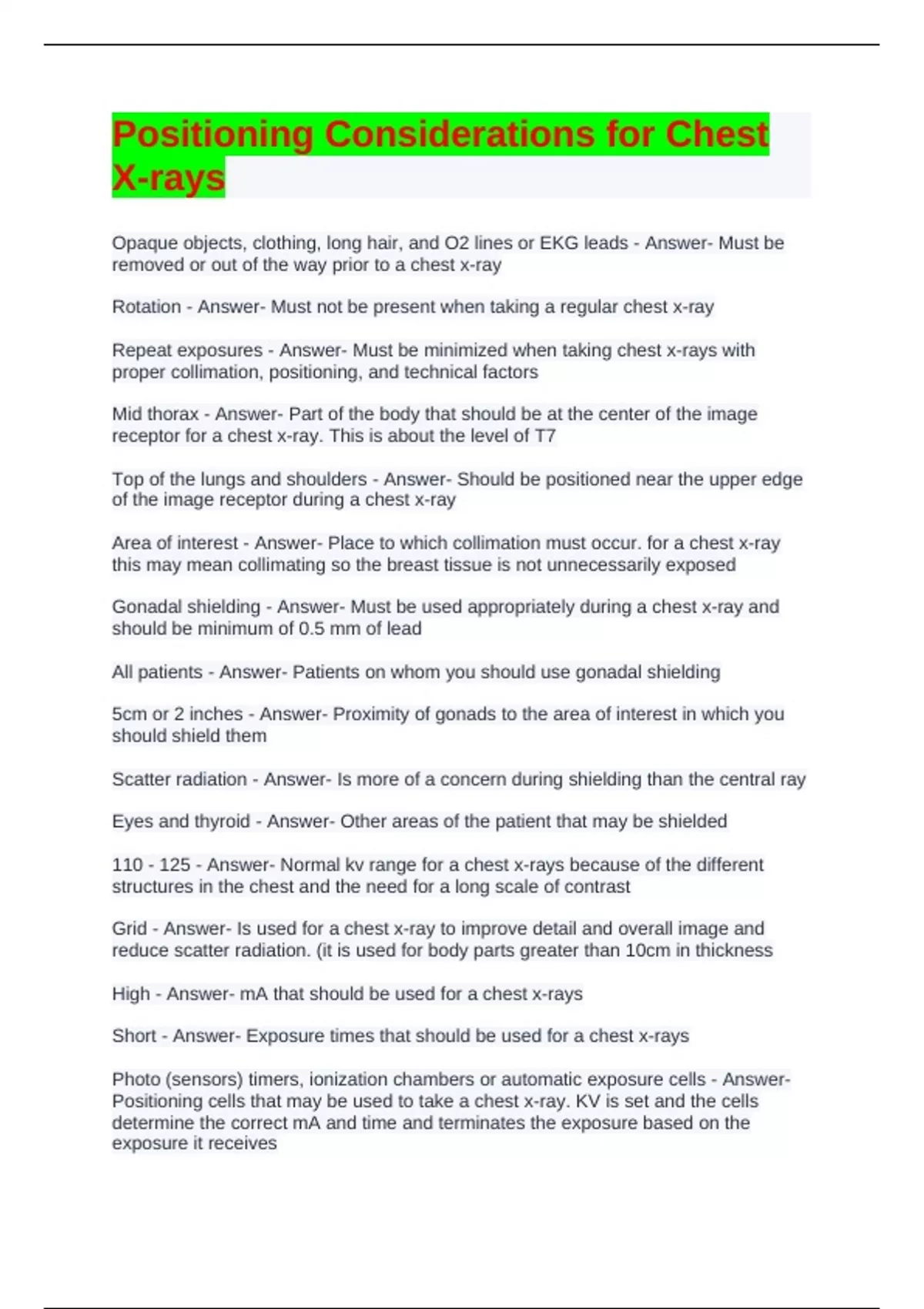 Positioning Considerations for Chest X-rays Questions and Answers ...