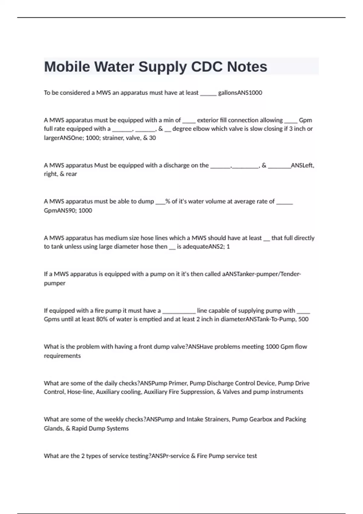 Mobile Water Supply CDC Revised Questions and Answers 2024 Latest ...