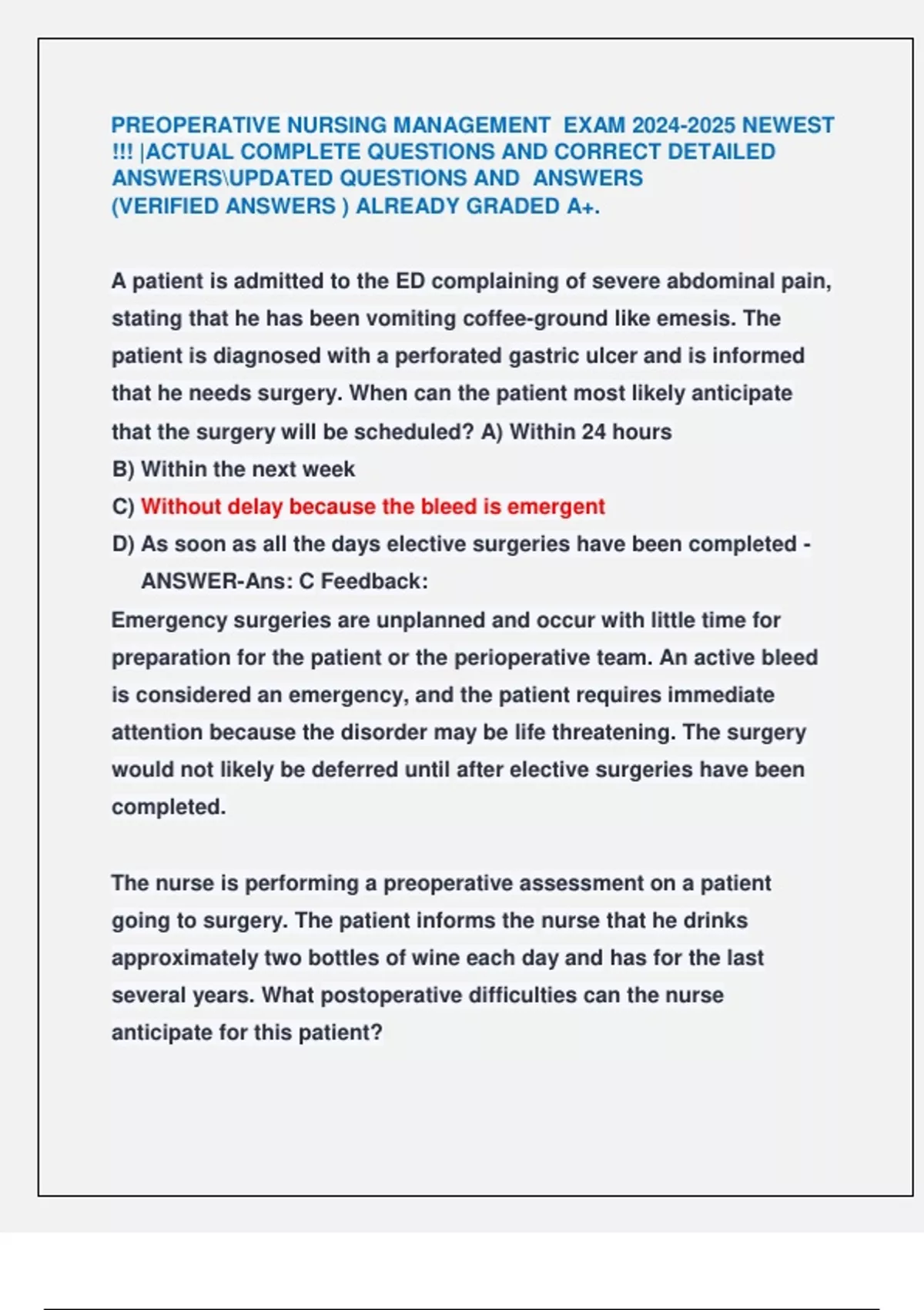 PREOPERATIVE NURSING MANAGEMENT EXAM NEWEST !!! |ACTUAL COMPLETE ...