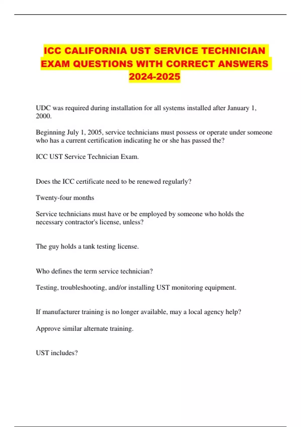 ICC CALIFORNIA UST SERVICE TECHNICIAN EXAM QUESTIONS WITH CORRECT ANSWERS - ICC CALIFORNIA UST ...