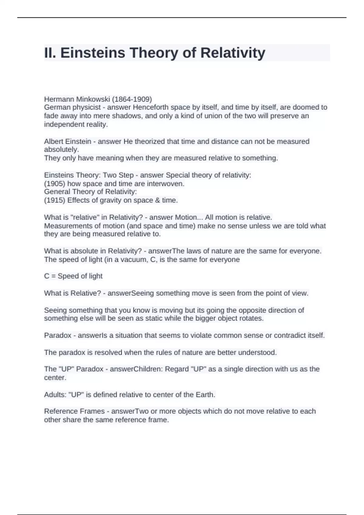 II. Einstein's Theory of Relativity Questions with correct Answers ...