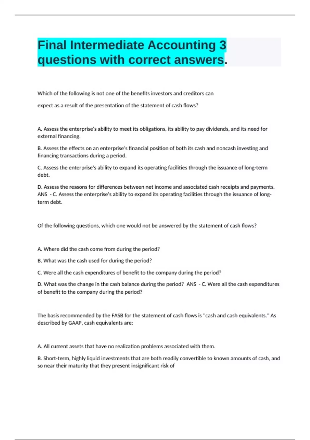 Final Intermediate Accounting 3 questions with correct answers ...