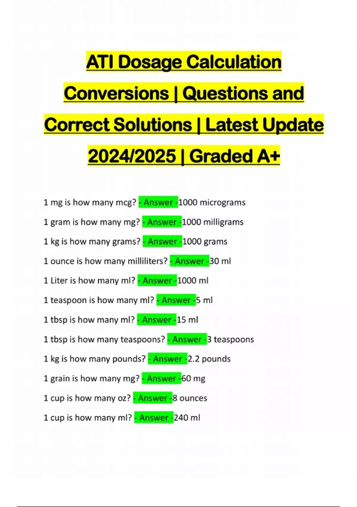 ATI Dosage Calculation Conversions | Questions and Correct Solutions ...