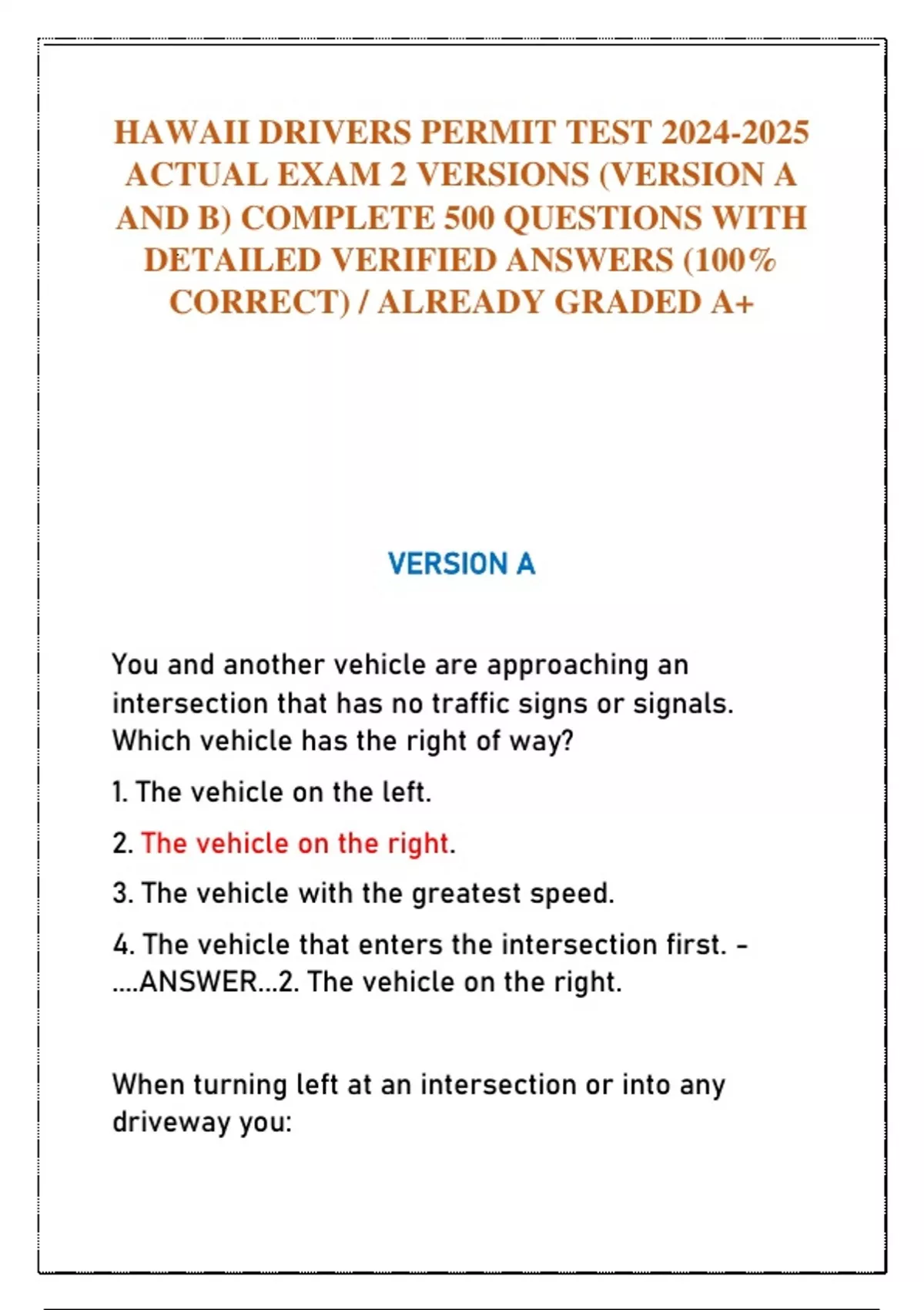 HAWAII DRIVERS PERMIT TEST ACTUAL EXAM 2 VERSIONS (VERSION A AND B ...