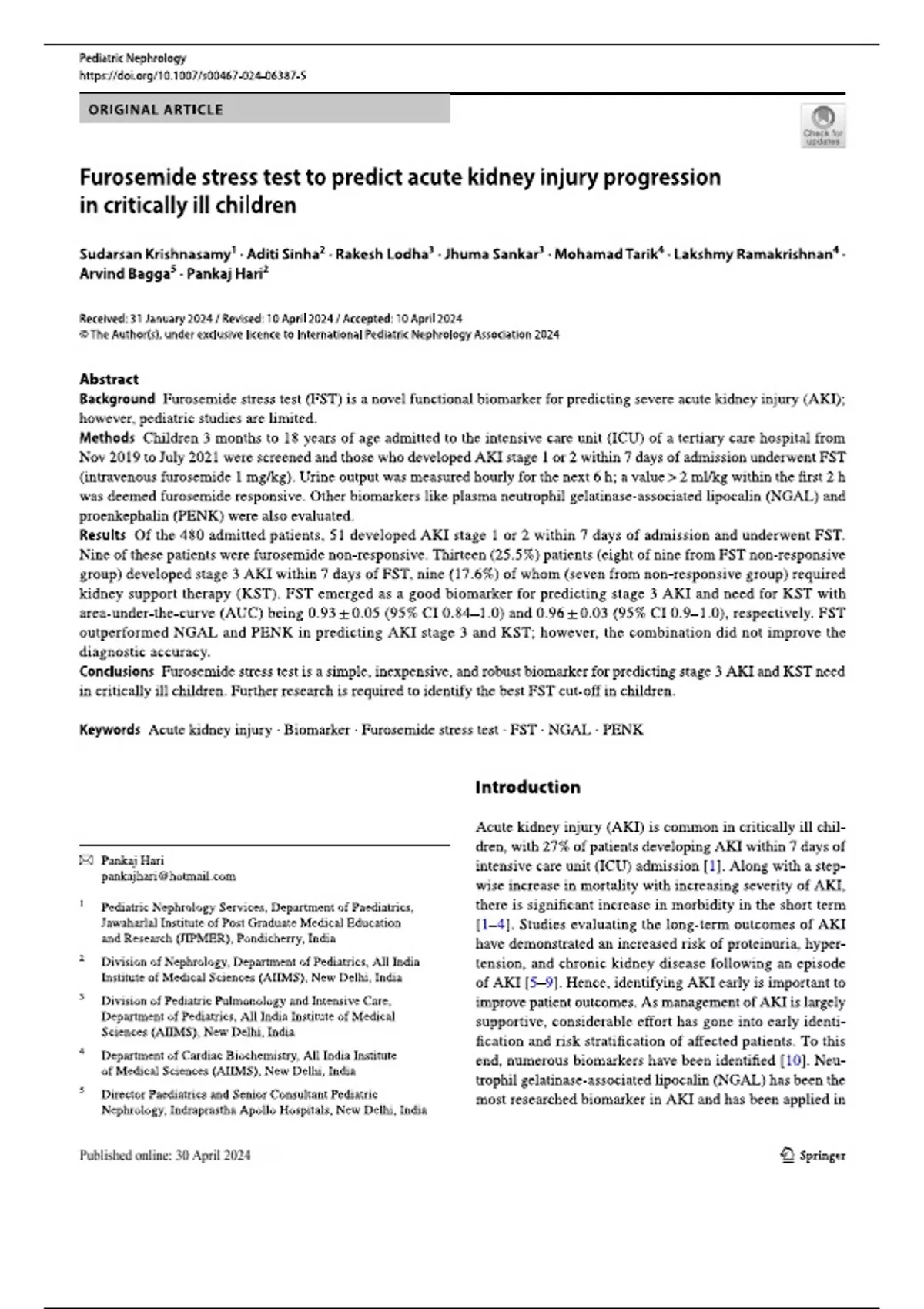 Furosemide stress test to predict acute kidney injury progression in ...