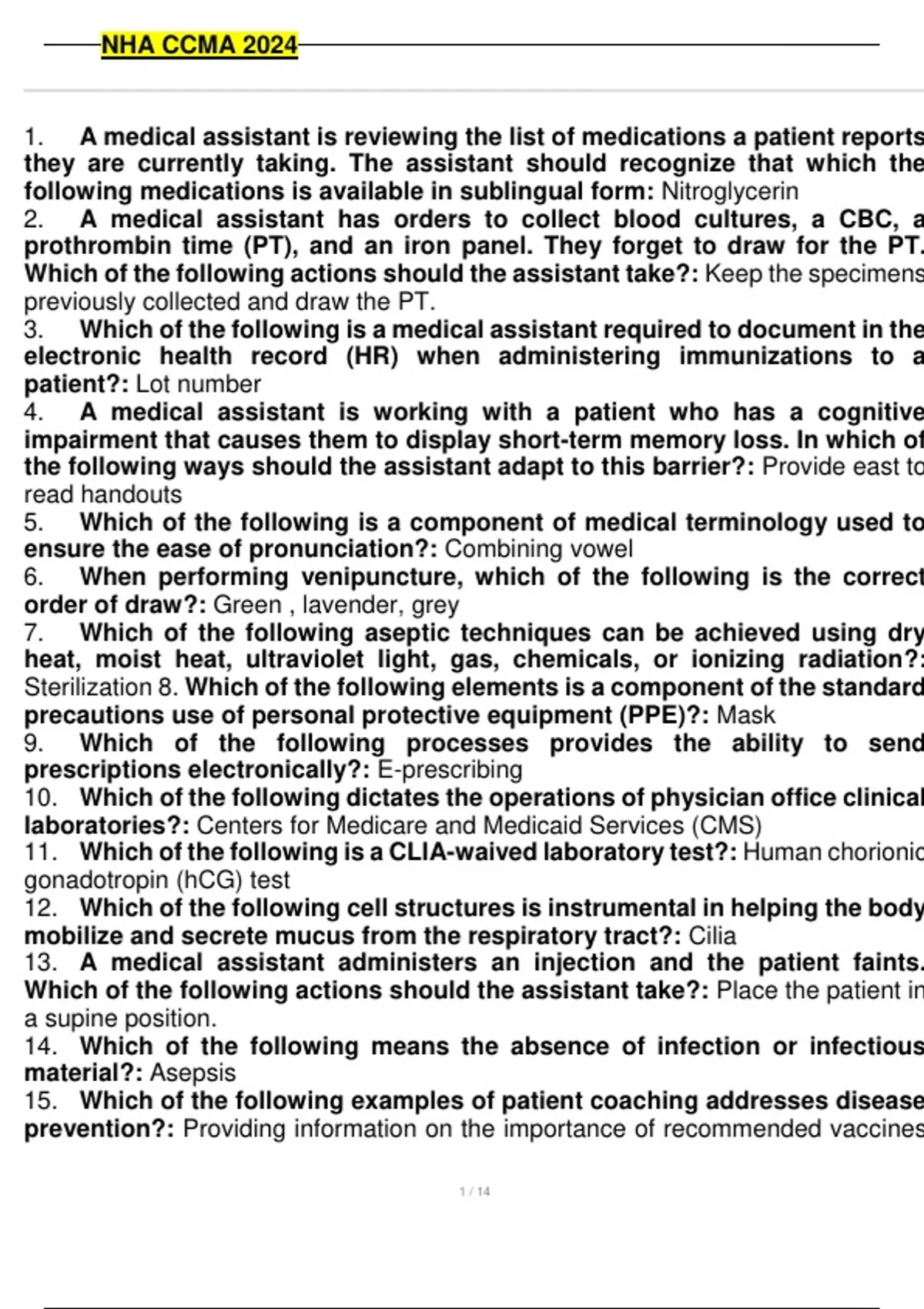 2024 nha ccma medical assistant certification tests a, b & c questions ...