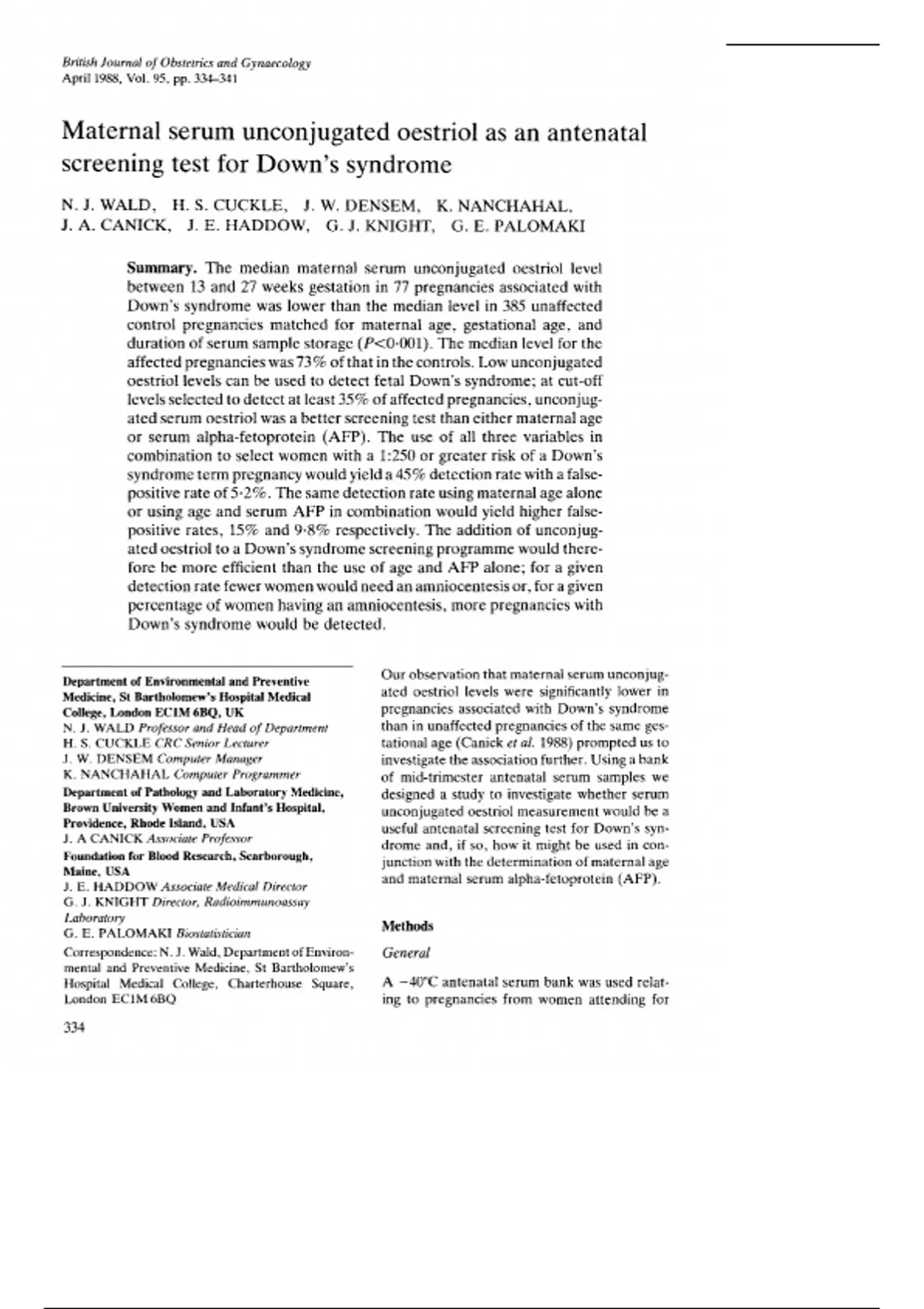 Maternal serum unconjugated oestriol as an antenatal screening test for ...