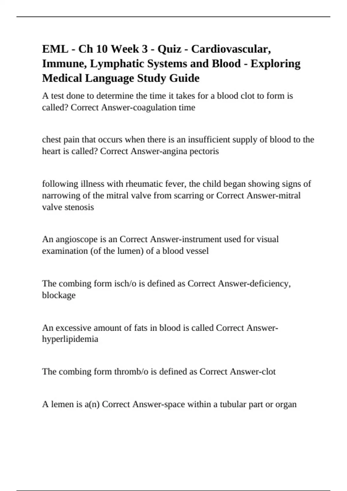 EML - Ch 10 Week 3 - Quiz - Cardiovascular, Immune, Lymphatic Systems ...
