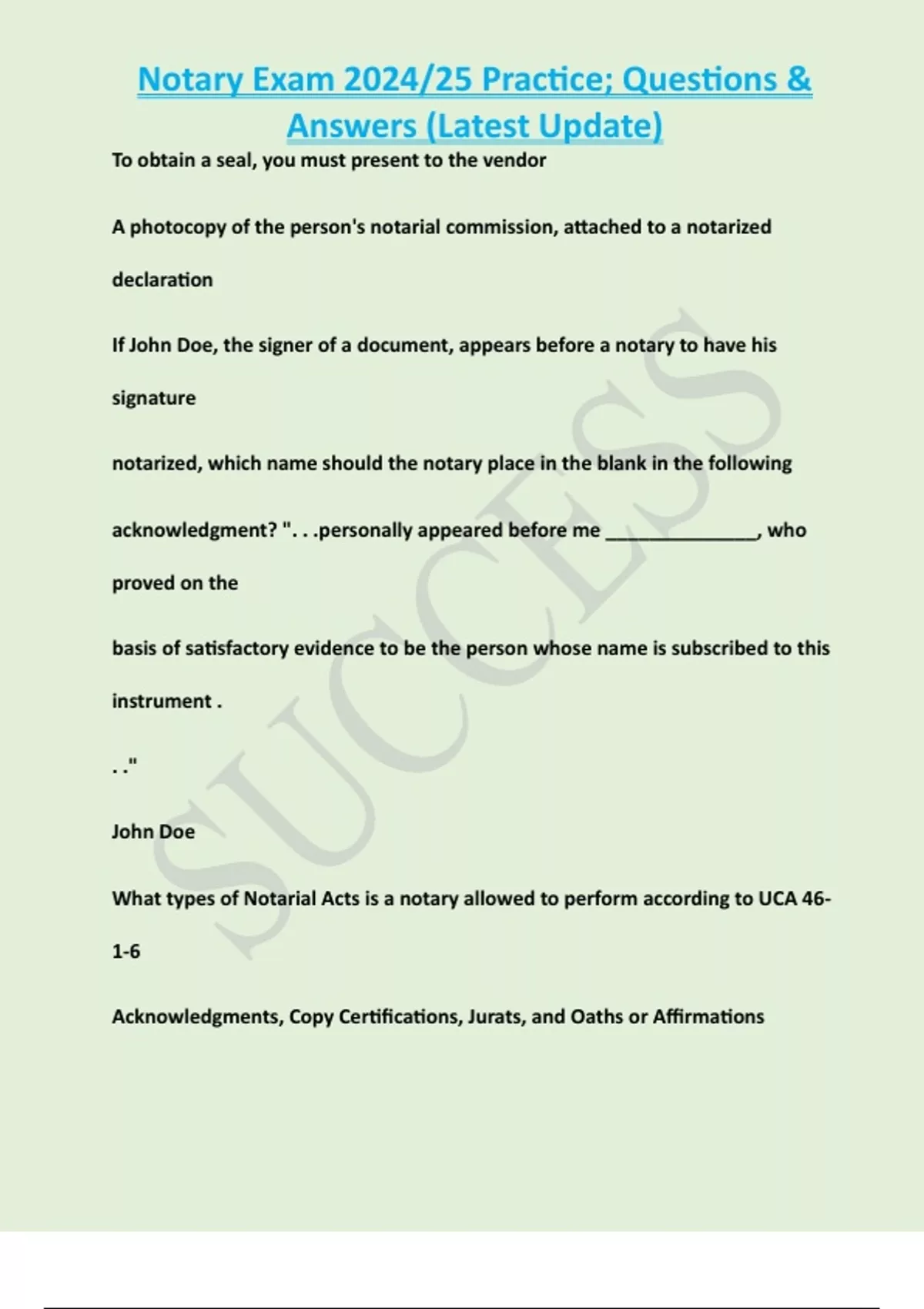 Notary Exam 2024/25 Practice; Questions & Answers (Latest Update ...