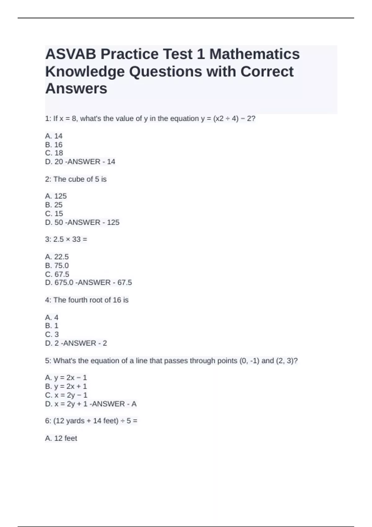 ASVAB Practice Test 1 Mathematics Knowledge Questions with Correct ...