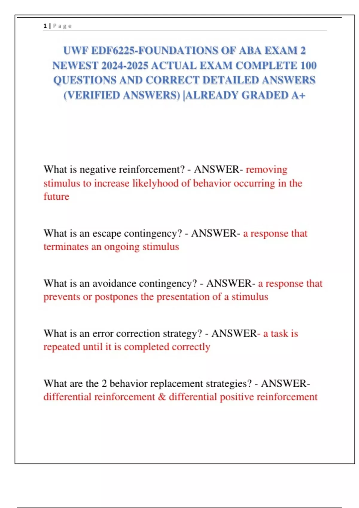 UWF EDF6225-FOUNDATIONS OF ABA EXAM 2 NEWEST ACTUAL EXAM COMPLETE 100 ...