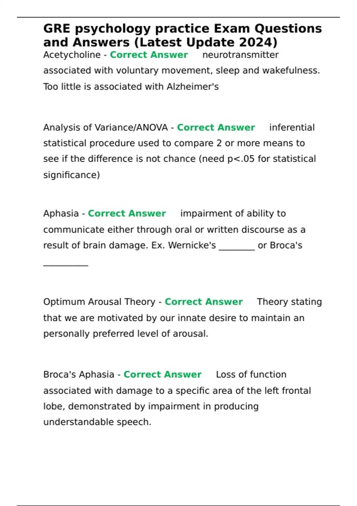 Summary GRE psychology practice Exam Questions and Answers (Latest ...