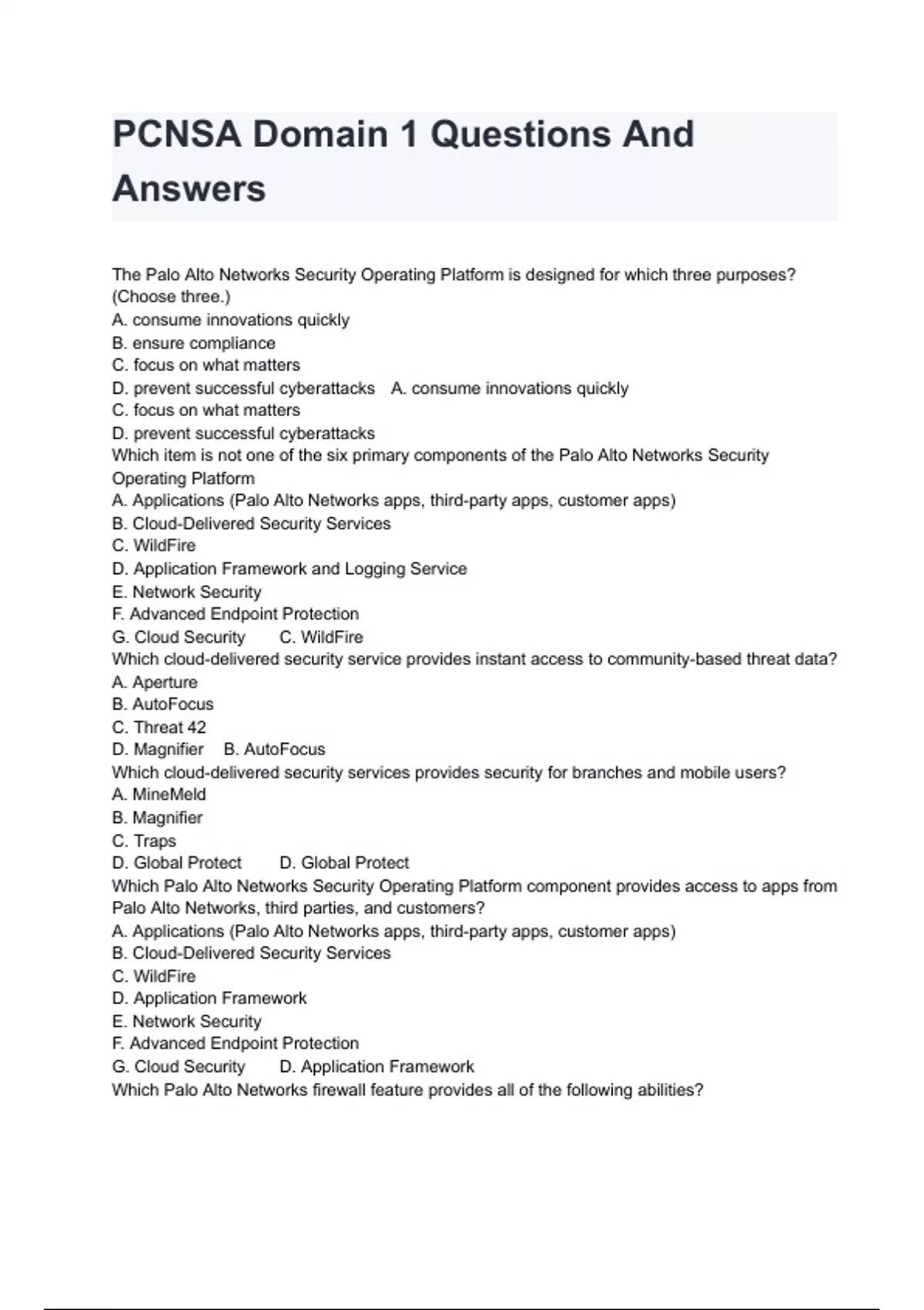 PCNSA Domain 1 Questions And Answers Questions and Answers 100% Solved ...