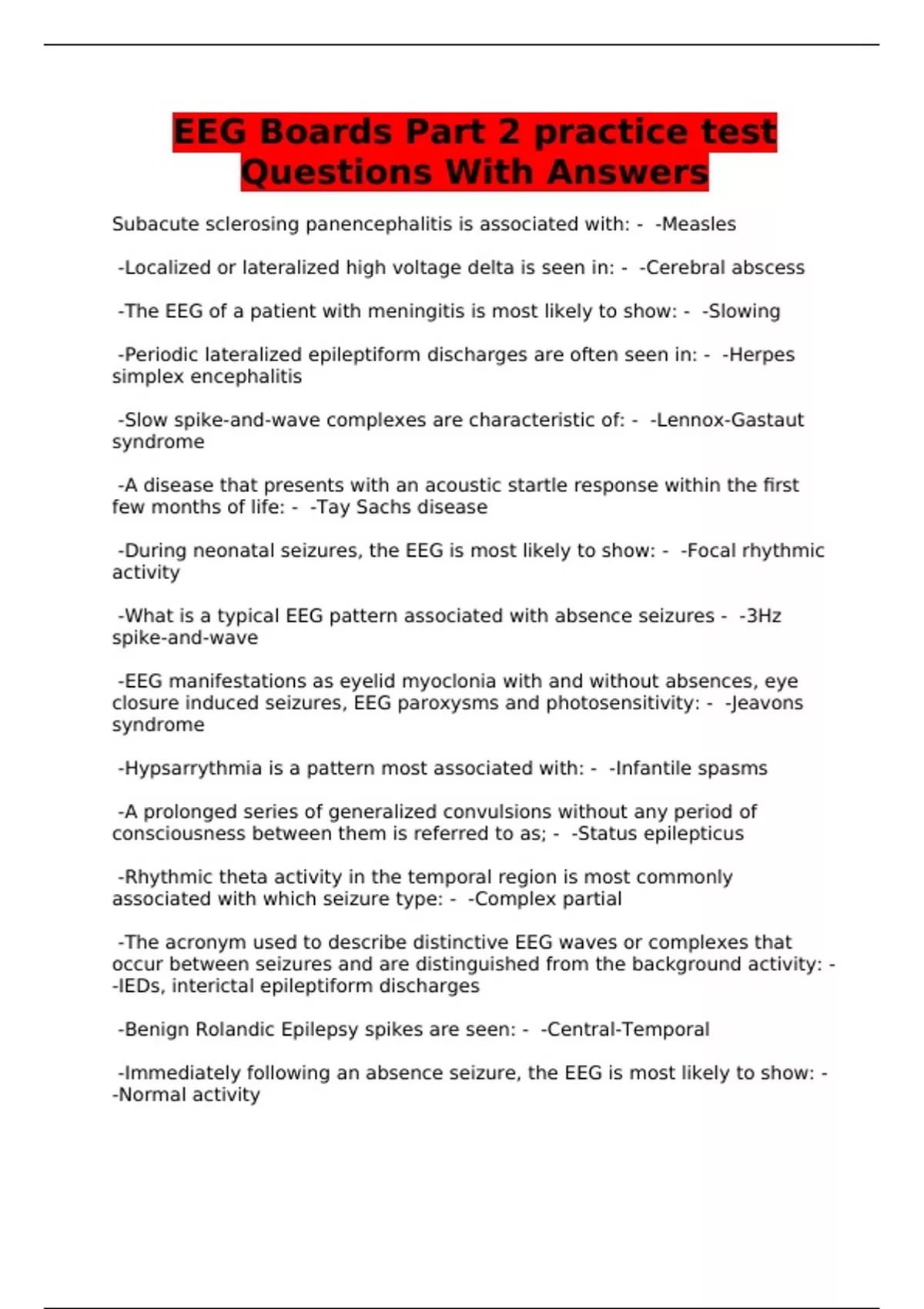EEG Boards Part 2 practice test Questions With Answers - EEG Boards ...