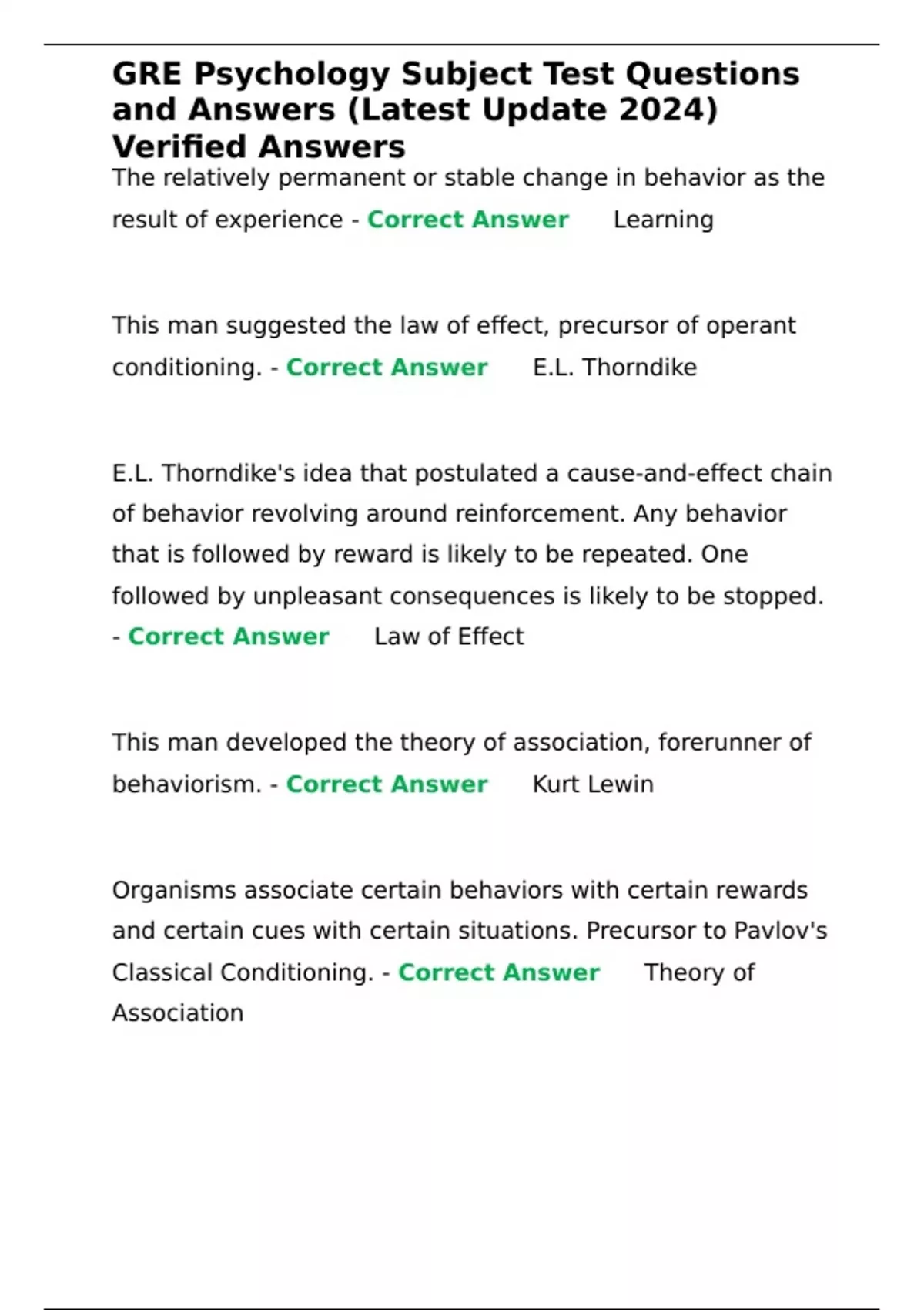 GRE Psychology Subject Test Questions and Answers (Latest Update 2024 ...