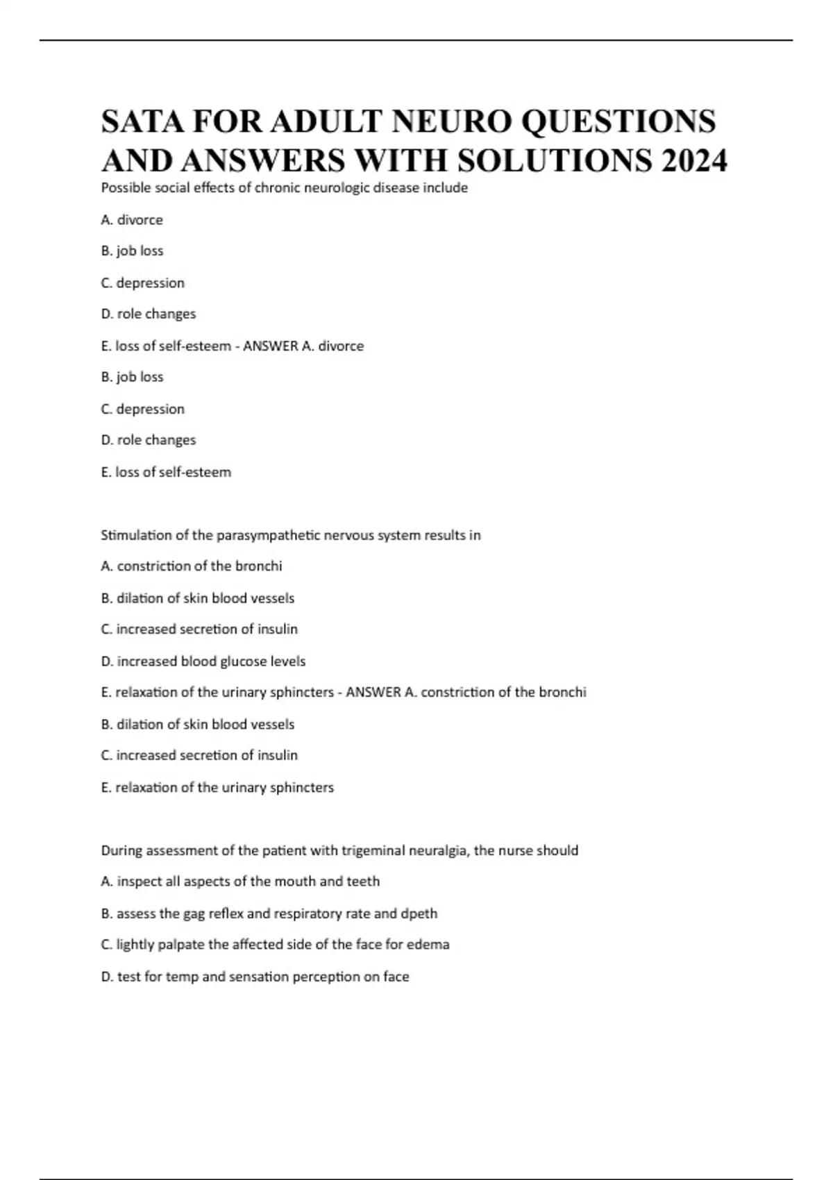 SATA FOR ADULT NEURO QUESTIONS AND ANSWERS WITH SOLUTIONS 2024 - MN551 ...