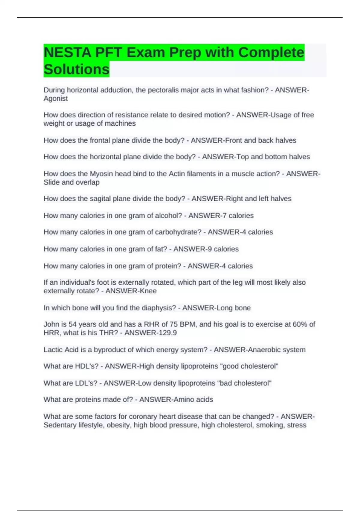 NESTA PFT Exam Prep with Complete Solutions - Pulmonary Function ...