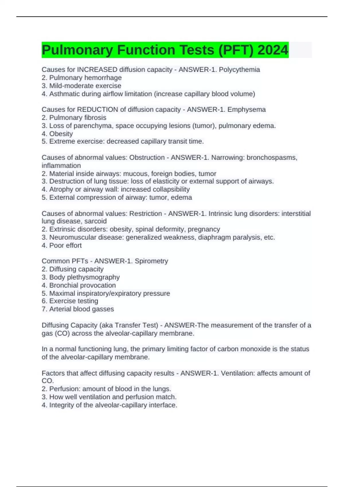 Pulmonary Function Tests (PFT) 2024 - Pulmonary Function - Stuvia US