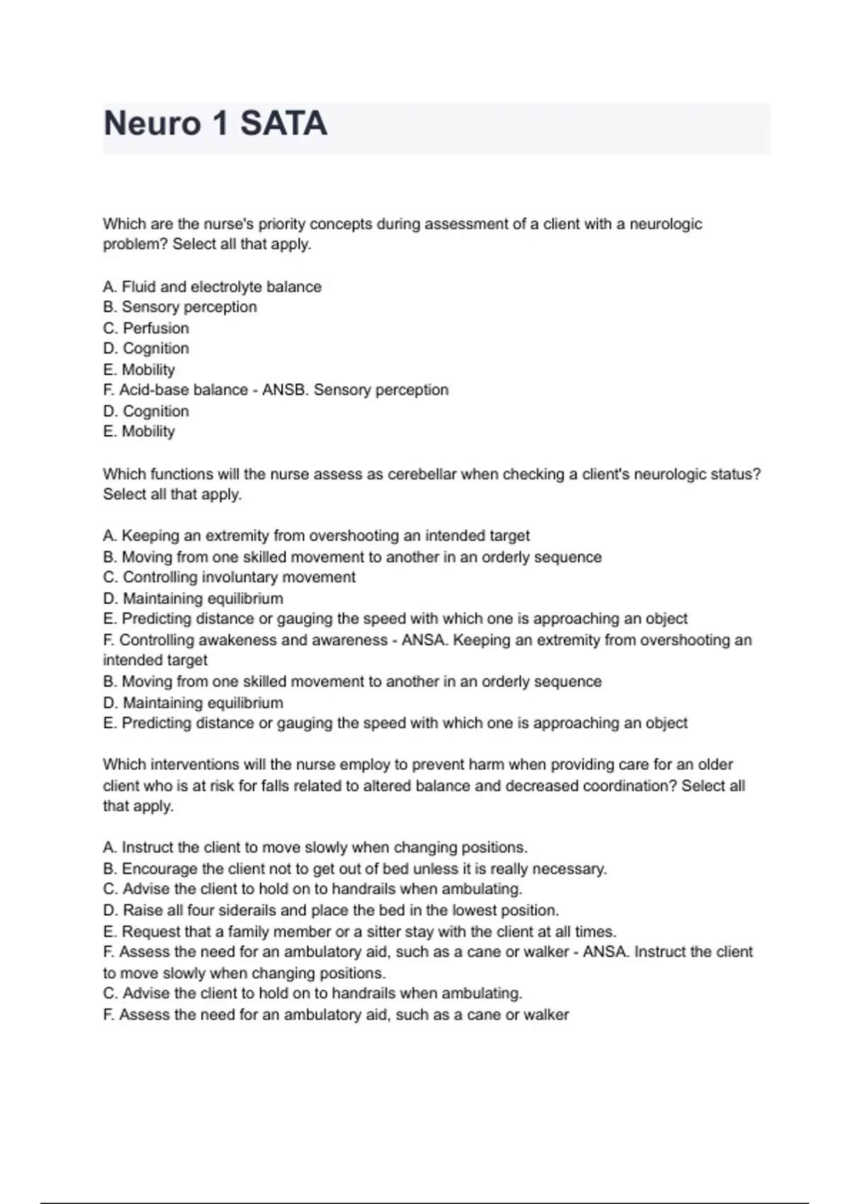 Neuro 1 SATA Questions and Answers 100% Solved 2024/2025 - MN551 ...