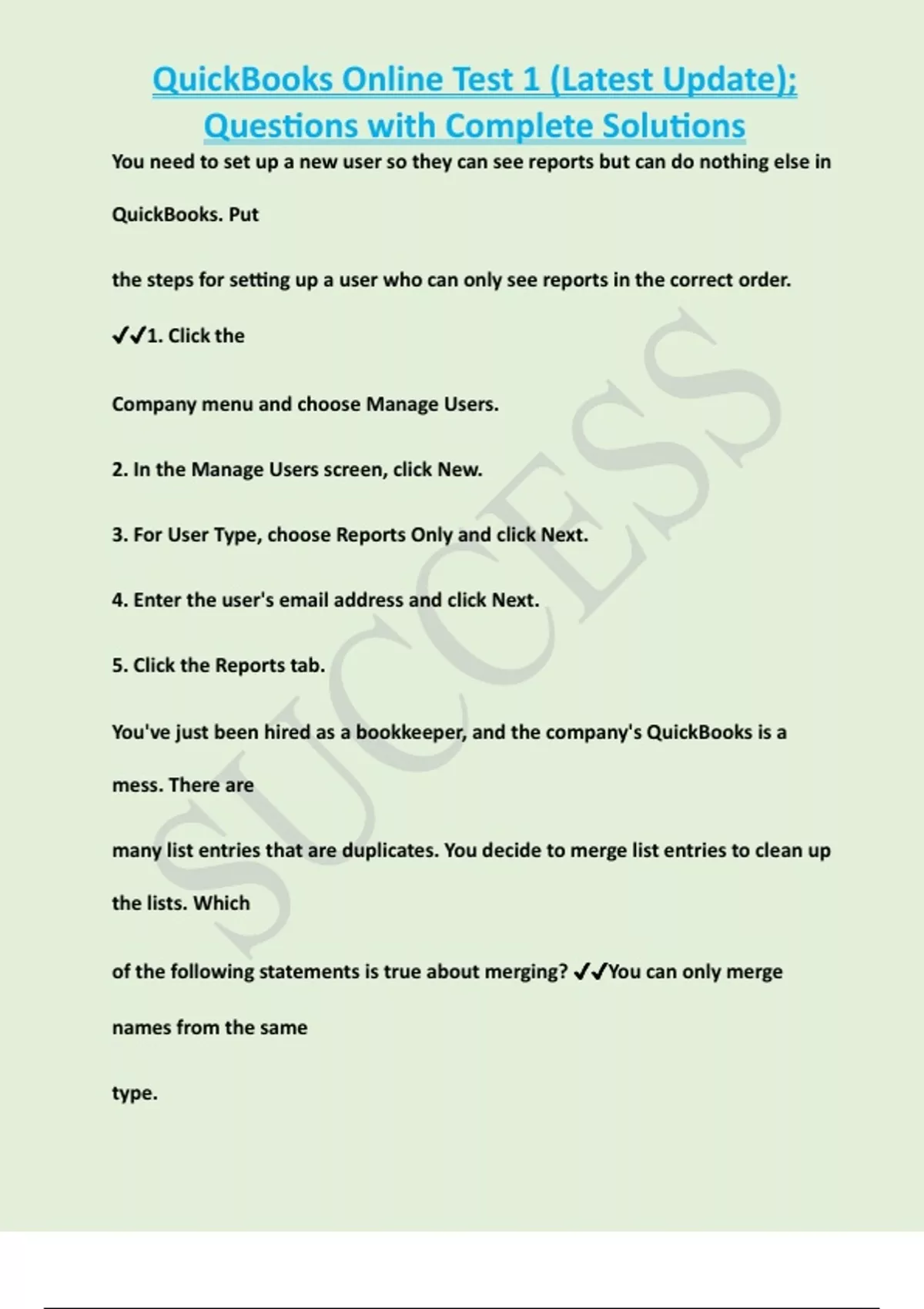 QuickBooks Online Test 1 (Latest Update); Questions with Complete ...